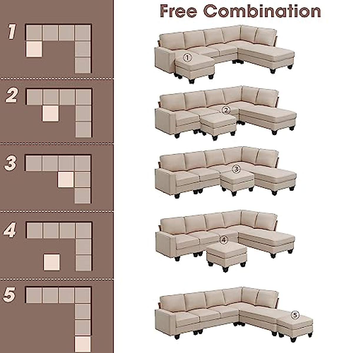 GAOWEI Modern L-Shaped Sectional Sofa,7-seat Linen Fabric Couch Set with Chaise Lounge and Convertible Ottoman for Living Room,Apartment,Office Modular sectional Sofa l Shaped Sofa (Khaki)
