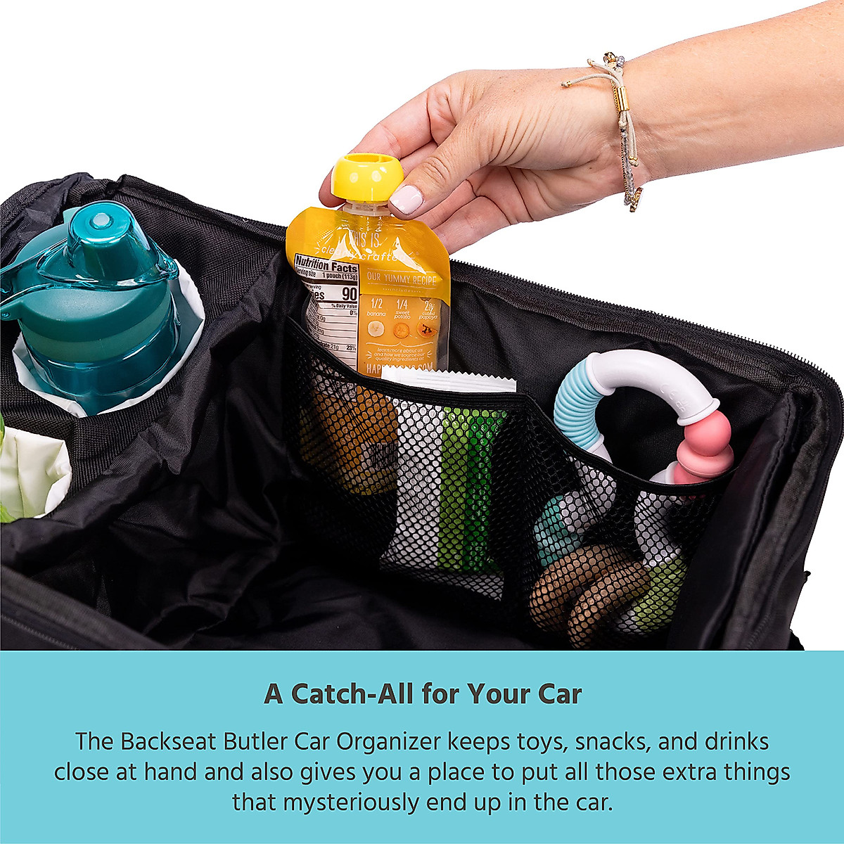 J.L. Childress Backseat Butler Car Seat Organizer - Cup Holders and Storage for Front, Back, Passenger Seats, Trunk - Travel Roadtrip Organization - Extra Large Size - 10 Pockets - Black