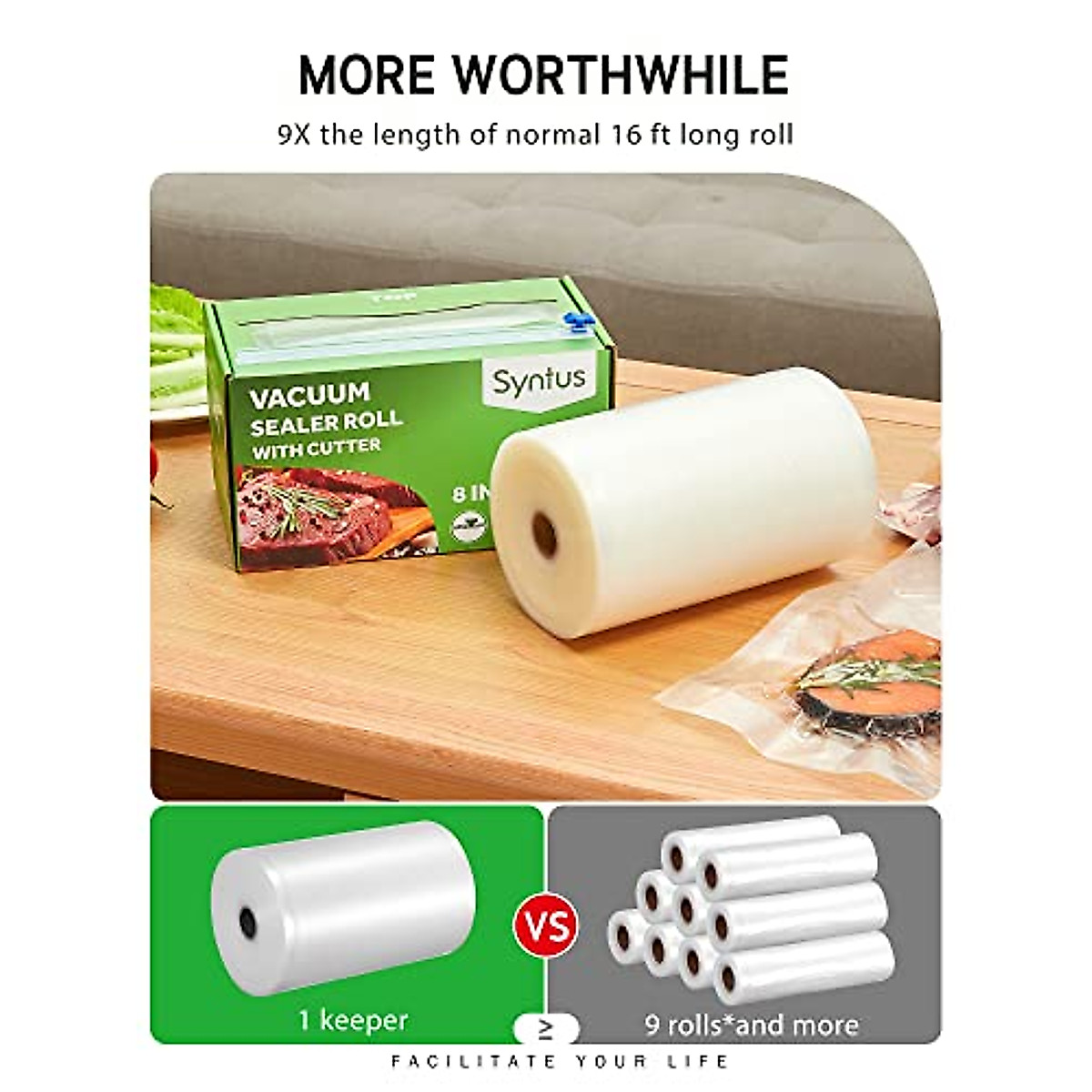 Syntus 8" x 150' Food Vacuum Seal Roll Keeper with Cutter Dispenser, Commercial Grade Vacuum Sealer Bag Rolls, Food Vac Bags, Ideal for Storage, Meal Prep and Sous Vide