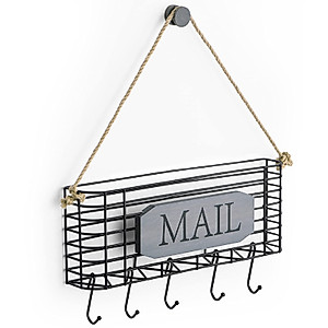 SRIWATANA Mail Key Holder for Wall, Rustic Mail Organizer Wall Mount with 5 Key Hooks, Large, Weathered Grey