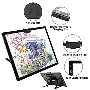 KOBAIBAN Wireless A3 LED Light Pad with Foldable Stand, Top Clip, 3 Colors/Stepless/ 6-Level Dimmable Brightness Rechargeable tracing Light Box/Board for Cricut Vinyl, Weeding Tool, Diamond Painting
