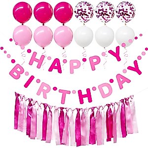 Hot Pink Birthday Felt Party Decorations for Girls Women Happy Birthday Banner Pink Ribbon Garland Balloon Backdrop Happy Birthday Decorations for Hot Girl Bday Princess Theme Birthday Party Supplies