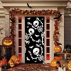 Halloween Skeleton Door Cover Skeleton Bone Backdrop Banner for Front Door Outdoor and Indoor Home Party Decor Halloween Party Decorations