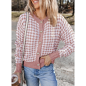 Dokotoo Womens Cardigan Sweaters Fashion V Neck Color Block Plaid Cable Knit Long Sleeve Button Down Comfy Cute Daily 2024 Autumn Winter Ribbed Sweater Outerwear Tops Pink Small