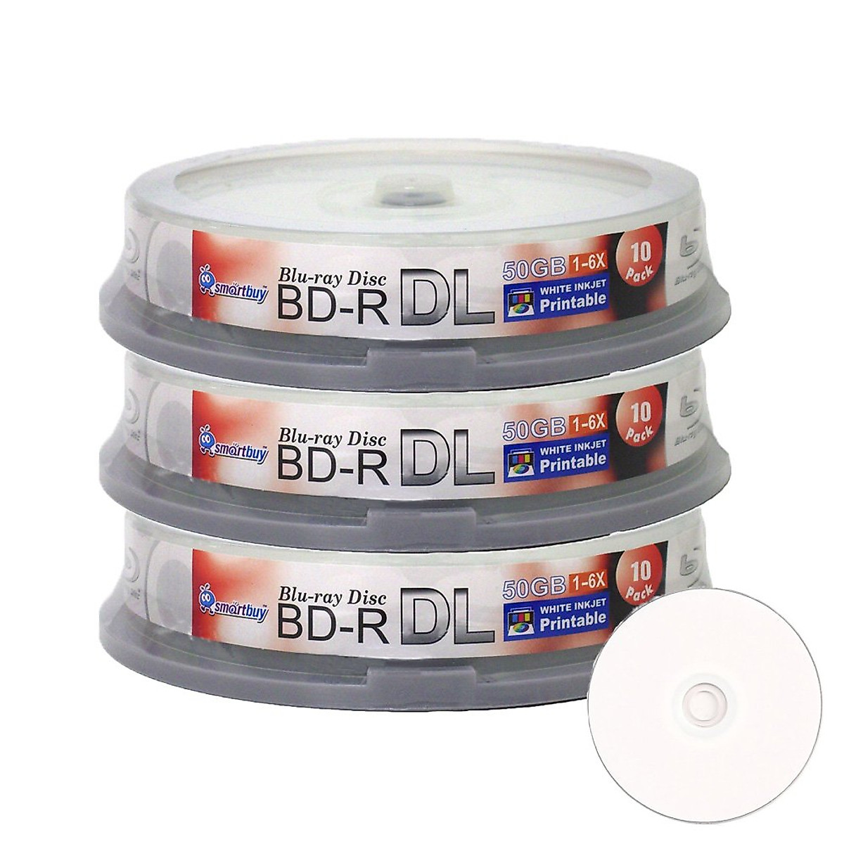Smart Buy 30 Pack Bd-r Dl Printable White Inkjet 50gb 6X Blu-ray Double Layer Recordable Disc Blank Data Video Media 30-Discs Spindle