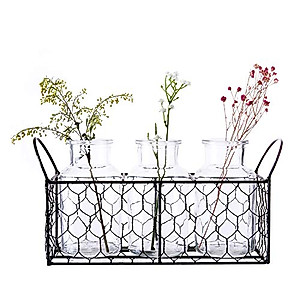 Diamond Star 3Pcs Clear Glass Milk Bottle Vases in Basket Caddy Vintage Style Jars Sets (3Pcs , 11"L X 3"W X 5.5"H)