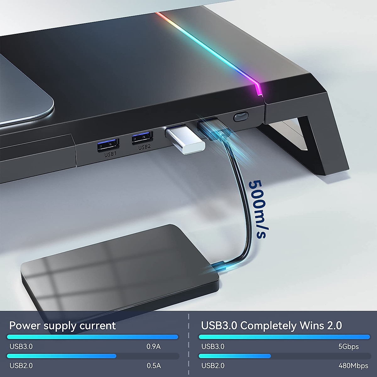 KYOLLY RGB Gaming Computer Monitor Stand Riser - 4 USB 3.0 Hub, 3 Length Adjustable Monitor Stand with Drawer,Storage and Phone Holder