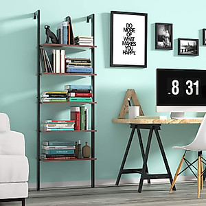 Tangkula Industrial Ladder Shelf Against The Wall, 5-Tier Ladder Bookshelf w/Metal Frame, 72 Inches Open Bookcase Plant Flower Stand Display Storage Rack for Home Office