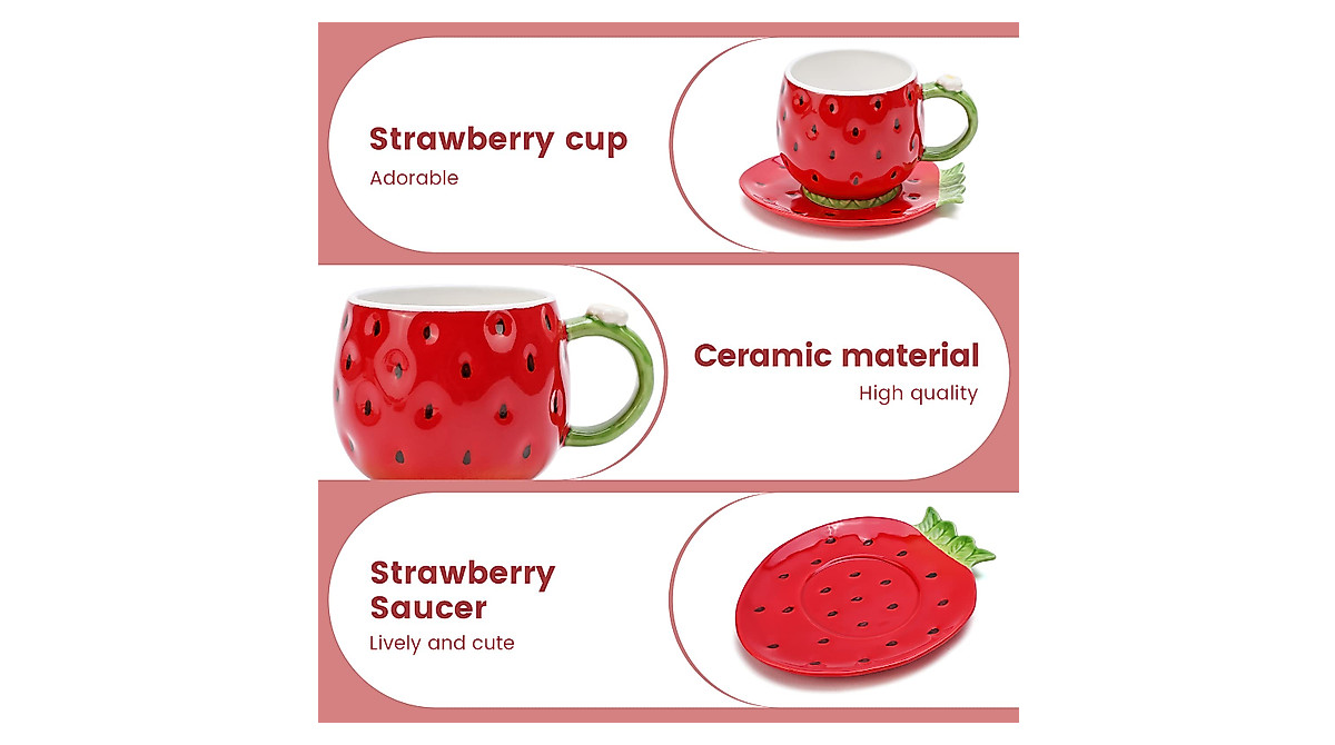 Noviko Strawberry Ceramic Tea Cup & Saucer - 8oz Red