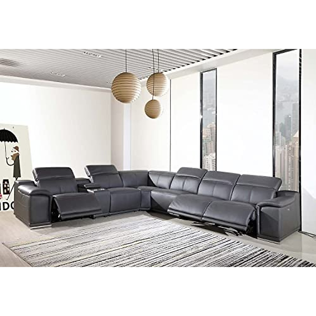 Blackjack Furniture Venice 7 Piece Italian Leather Sectional Sofa with 3-Power Recliners, Adjustable Headrest, Lumbar Support, USB and Wireless Charging Station, Extra Large Storage, 1 Console, Gray
