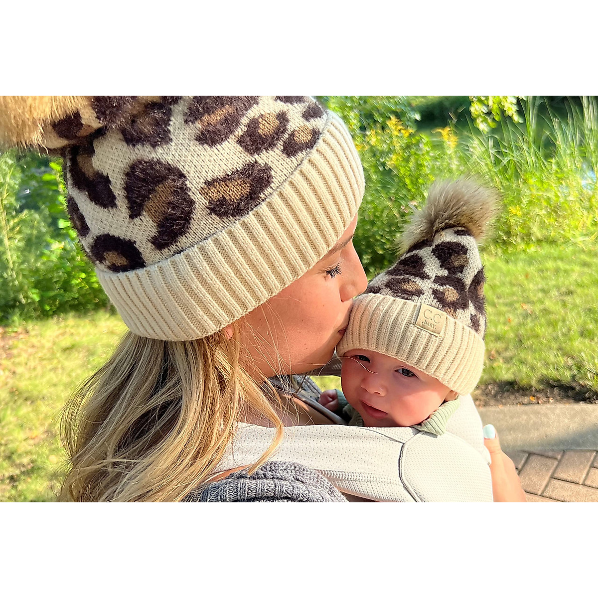 Funky Junque Infant Pom Beanie and Mittens Set - Leopard Beige