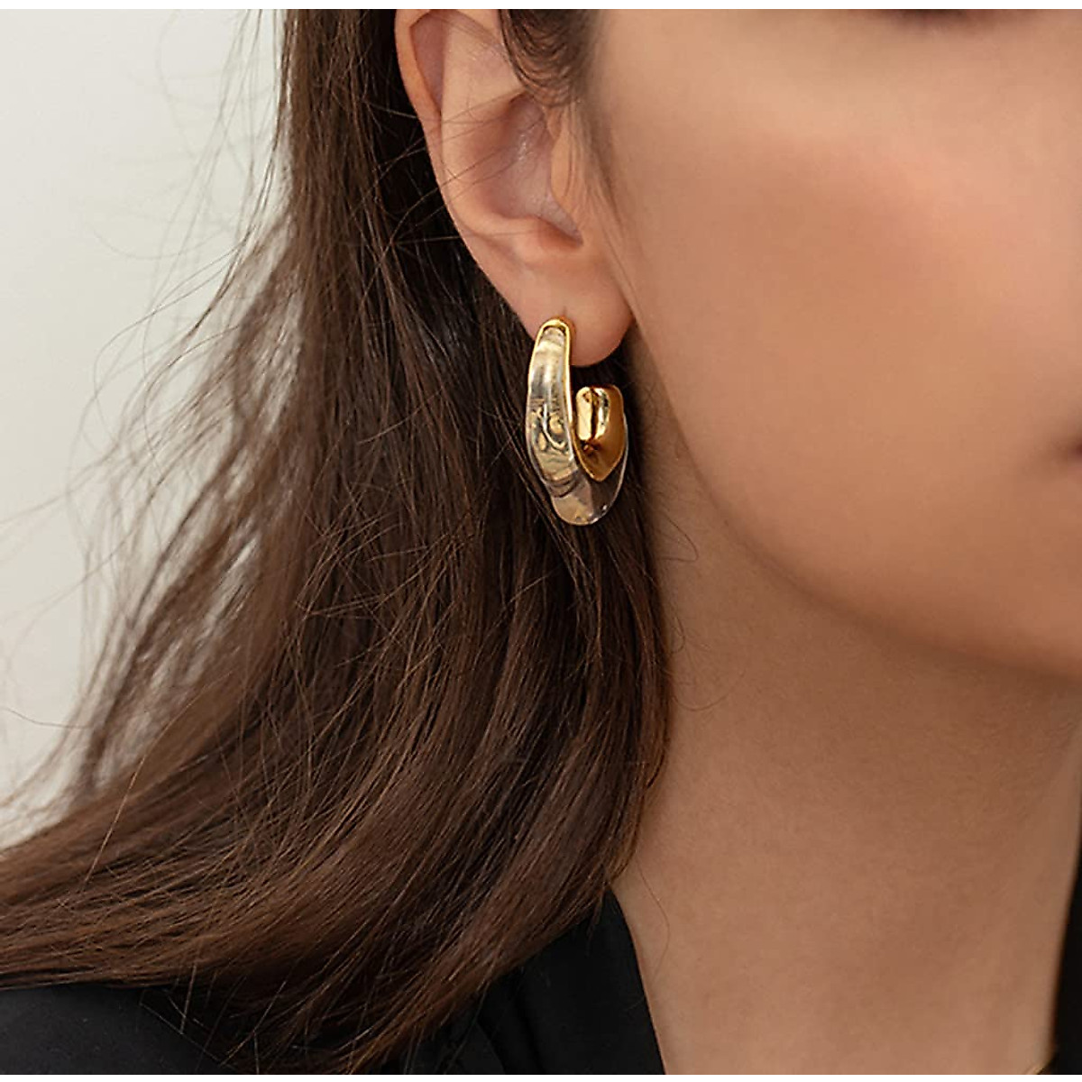 ROGOWOL Resin C Shape Open Hoop Earrings with Pearl Ball Back Hypoallergenic Double Sided Faux Pearl Acrylic Hoop Earrings for Women