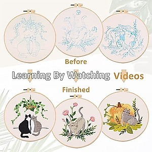 BTQKIK 3 Pack Embroidery Kit for Beginners Adults,Cat Embroidery Kit,Cross Stith Kits,Hobbies for Women with 3 Instrutions,3 Embroidery Cloth,3 Embroidery Hoops,6 Needles