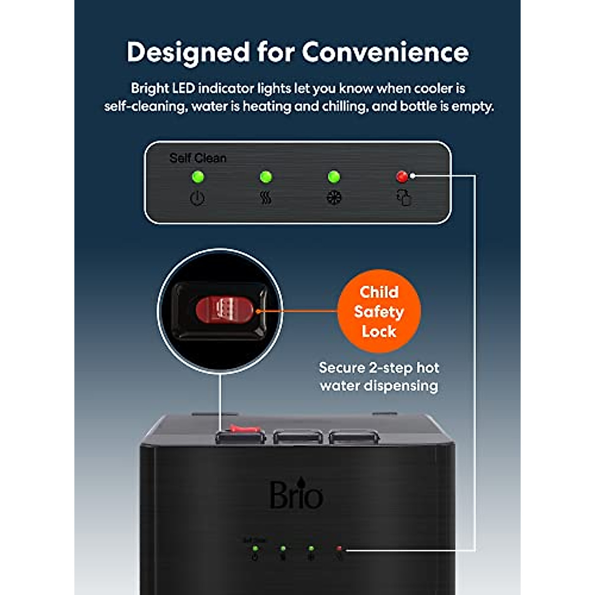 Brio CLBL520SCBLK Self-Cleaning Bottom Load Water Cooler Dispenser for 3 & 5 Gallon Bottles – Hot, Room & Cold Spouts, Child-Safety Lock, LED Display & Night Light, Black Stainless Steel