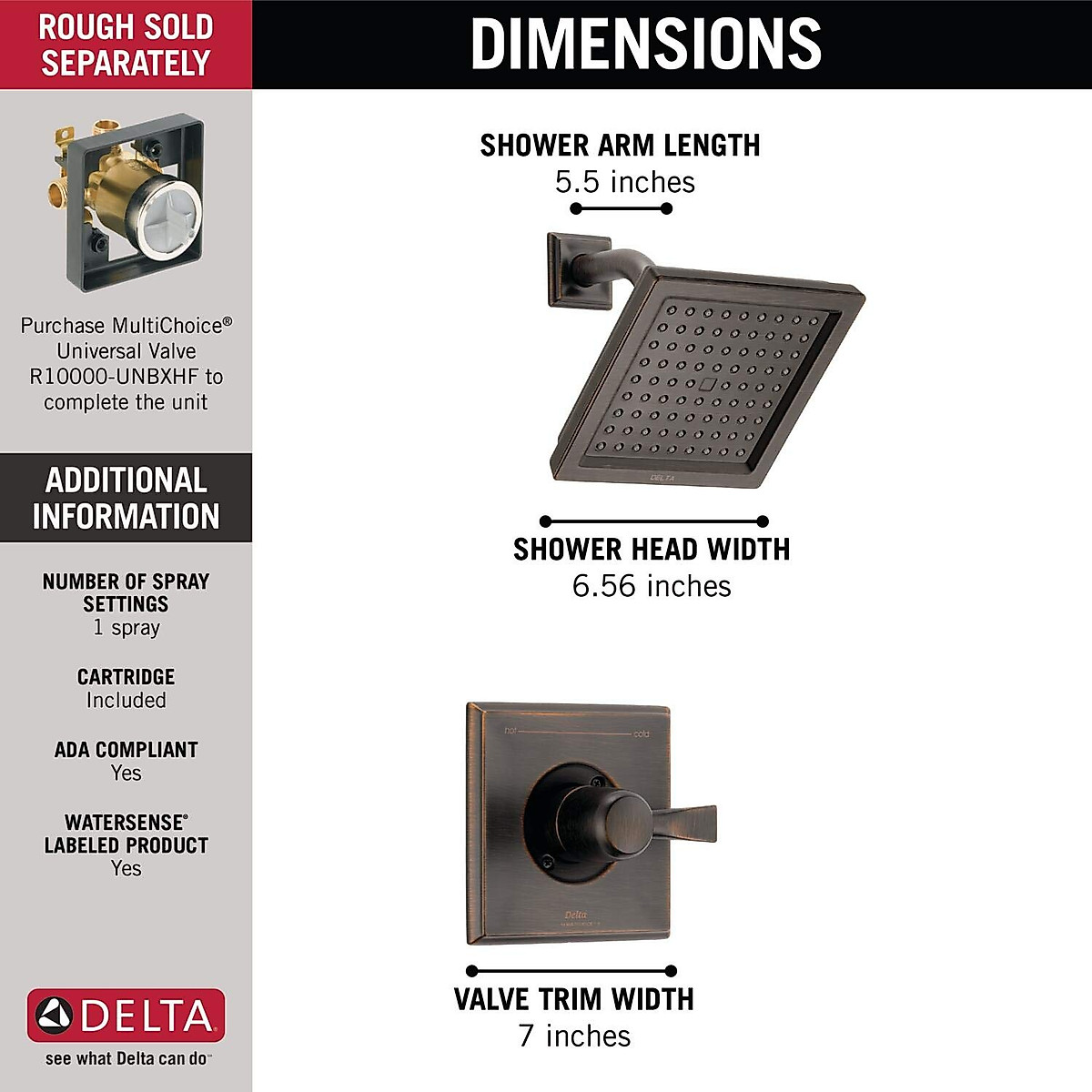 Delta Faucet Dryden 14 Series Single-Function Shower Trim Kit with Single-Spray Touch-Clean Shower Head, Venetian Bronze, 2.0 GPM Water Flow, T14251-RB-WE (Valve Not Included)