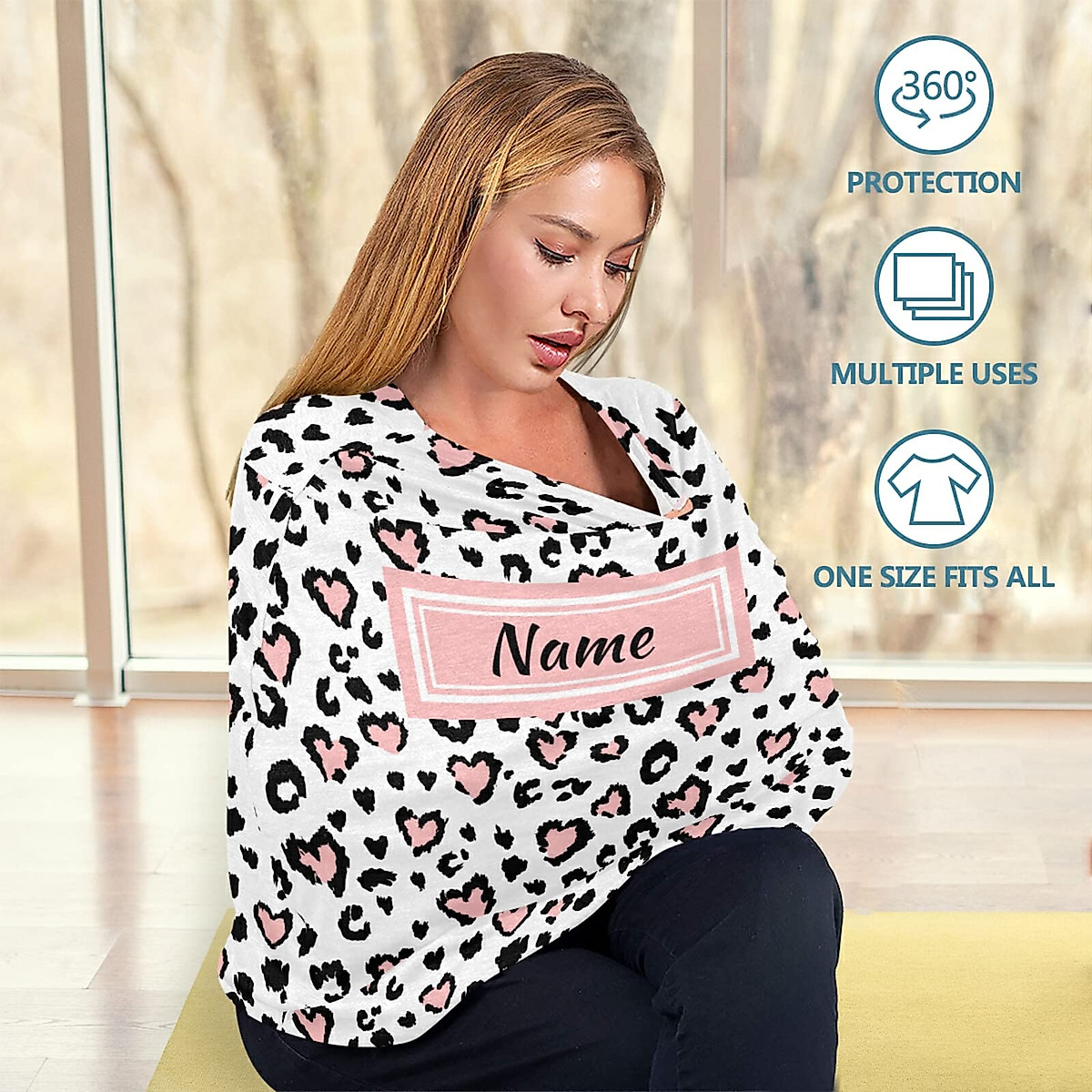 Custom Leopard Pink Heart Baby Car Seat Cover Personalized Your Name Nursing Covers Breastfeeding Scarf Infant Carseat Canopy for Mom Baby Gift