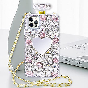 Losin Perfume Bottle Case Compatible with iPhone 14 Pro Max Bling Diamond Case Luxury Glitter Shiny Rhinestones Gemstone Cover Heart Makeup Mirror with Fashion Crossbody Lanyard for Women and Girls