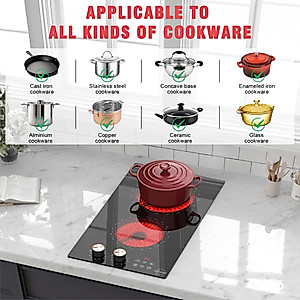 Plug-in 2 Burner Electric Cooktop, 120v Knob Electric Stove Top, 12 Inch Built-in Radiant Electric Stove 110v, Electrics Ceramic Cooktop with Child Safety Lock, Timer, Over-Temperature Protection