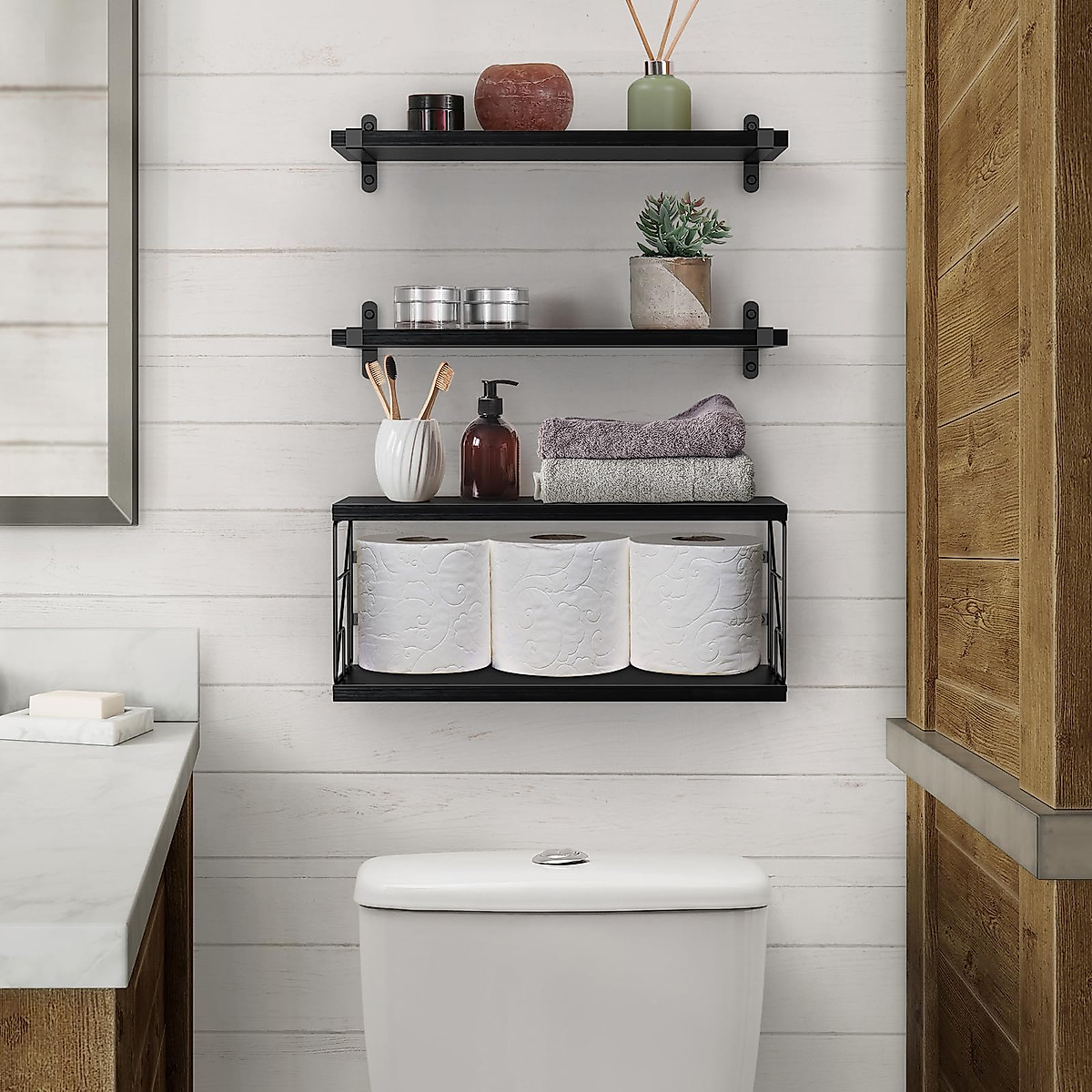 TJ.MOREE Bathroom Shelves Over Toilet Floating Shelves for Wall Rustic with Toilet Paper Wire Basket, Farmhouse Floating Shelf for Bedroom, Living Room, Kitchen, Wall Decoration (Black)