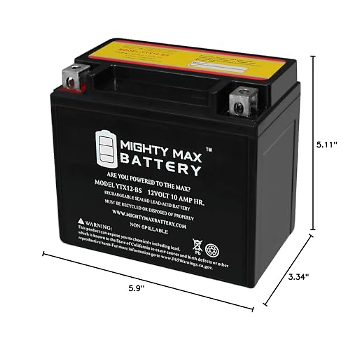 Mighty Max Battery YTX12-BS -12 Volt 10 AH, 180 CCA, Rechargeable Maintenance Free SLA AGM Motorcycle Battery
