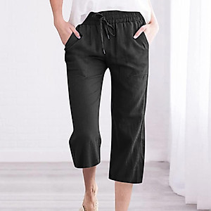 DASAYO Coupons and Promo Codes for Prime Linen Pants Women Summer 2023 Elastic Waist Drawstring Solid Color Loose Fit Capris Fashion Casual Cropped Pant Linen Pants Black L