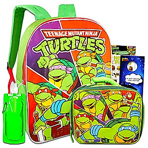 Teenage Mutant Ninja Turtles Backpack with Lunch Box Set - Bundle with 15” TMNT Backpack, Lunch Bag, Water Bottle, Stickers, More | TMNT Backpack for Boys