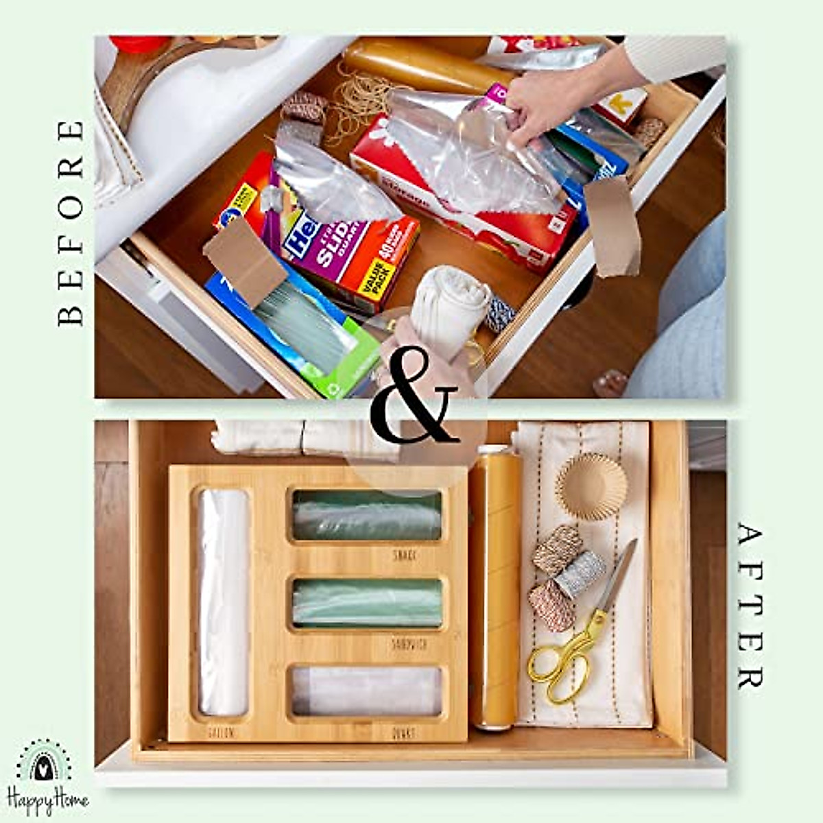 HappyHome Storage Bag Organizer for Kitchen Drawer - Sturdy & Stylish Bamboo Baggie Organizer - Fits Any Brand Gallon, Slider Quart, Sandwich & Snack - Plastic Bag Organizer with Wall Mount Hardware