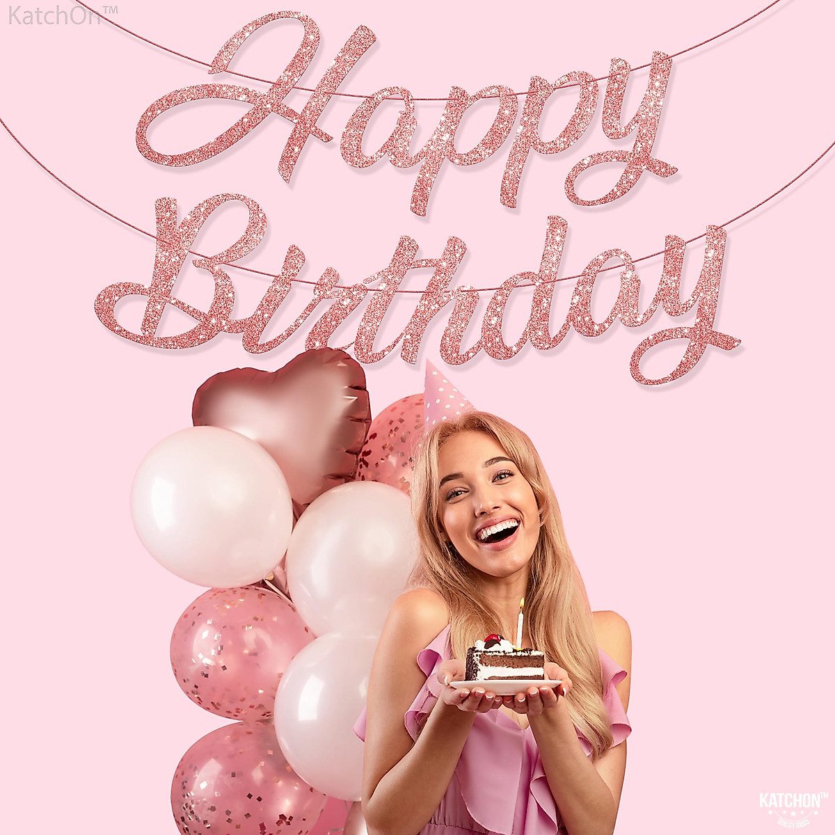KatchOn, Glitter Rose Gold Happy Birthday Banner - Pre-Strung No DIY, 10 Feet | Happy Birthday Sign | Rose Gold Birthday Decorations | Rose Gold Birthday Banner for Women | Happy Birthday Decorations