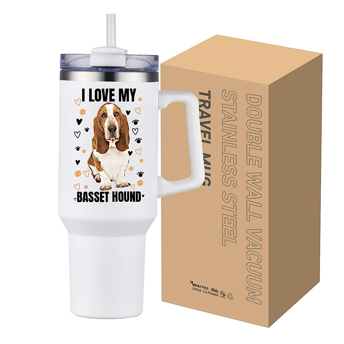 Basset Hound Dog Mom 40 oz Insulated Tumbler with Handle and Straw - Coffee Mug for Women, Dog Lover Gifts