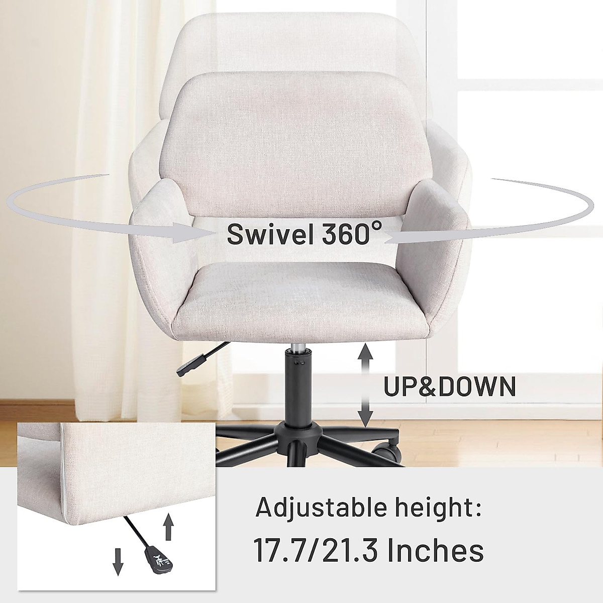 FurnitureR Home Office Chair, Mid Back Fabric Upholstered Vanity Desk Chairs with Rolling Wheels, Adjustable Study Chair Task Chair for Living Room, Bedroom, Small Spaces - Beige