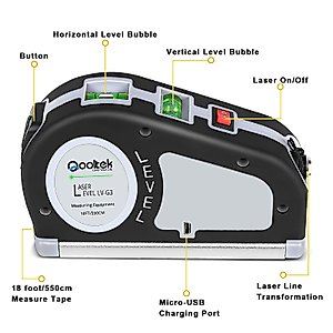 Green Laser Level, Qooltek Rechargeable Multipurpose Cross Line Laser Tool with Vertical and Horizontal Line 18FT/5.5M Measuring Tape