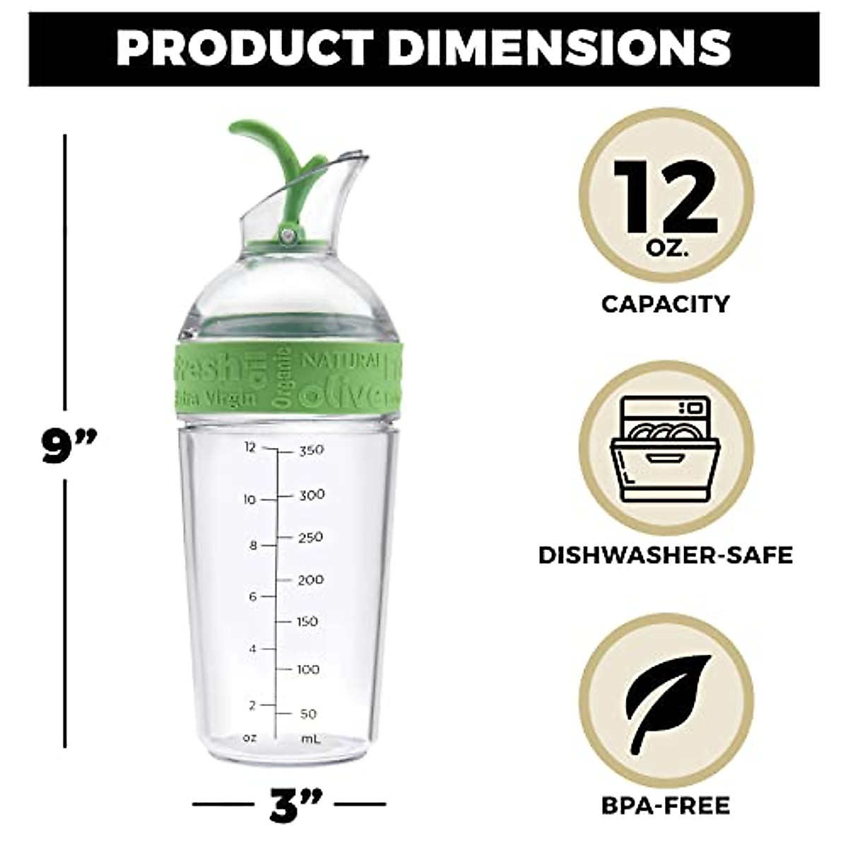 Salad Dressing Shaker For Mixing Ranch And Sauce, One Hand, Leak Proof, Spout Lid for Pouring And Measurement Marks With Good Grip Rubber, Italian Dressing Shaker, And Oil And Vinegar Dispenser - 12oz