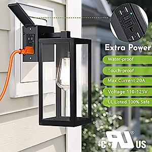 Outdoor Wall Lights with GFCI Outlet, Wall Light Fixture Porch Light Wall Lantern, Waterproof Exterior Wall Sconce, Black Wall Mounted Lighting Black for House Outside Garage, 2-Pack