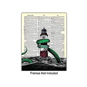 Octopus Kraken Dictionary Wall Art Print Set - Upcycled Vintage 8x10 Home or Office Decor for Bathroom, Bath, Beach or Ocean House - Unique Gift for Nautical, Ocean, Sea Lover - Unframed Posters