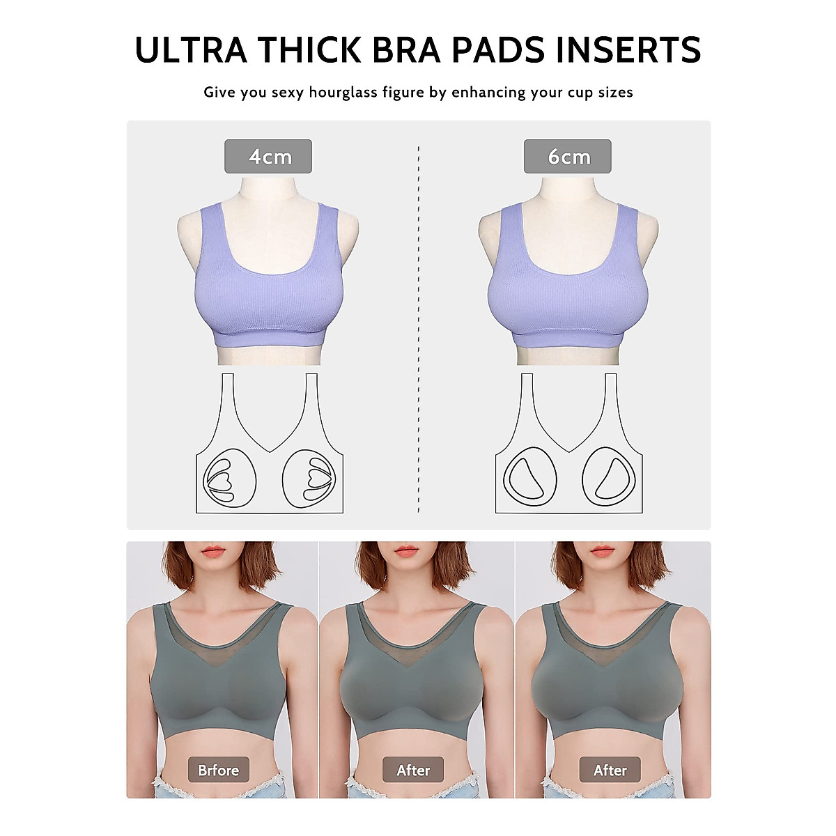 FOOT OF THE TREE Super Thick Bra Pads Inserts 3 Pairs Removable Breast Enhancers Push Up Bra Cups Paddings,BK6CM-L