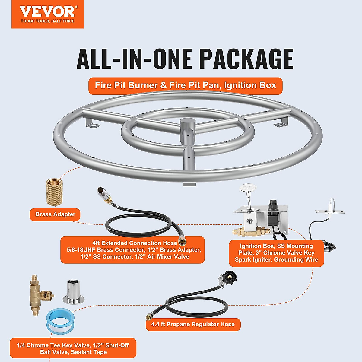 VEVOR 18 inch Round Drop-in Fire Pit Pan, Stainless Steel Fire Pit Burner Kit, Propane Gas Fire Pan with 150,000 BTU for Indoor or Outdoor Use