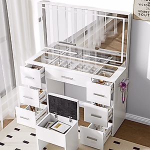 VALONDINO Makeup Vanity Desk with Power Outlet, 46'' Glass Top Vanity Set, 7 Drawers Vanity Table with Cushioned Stool, 3 Lighting Modes Brightness Adjustable,White