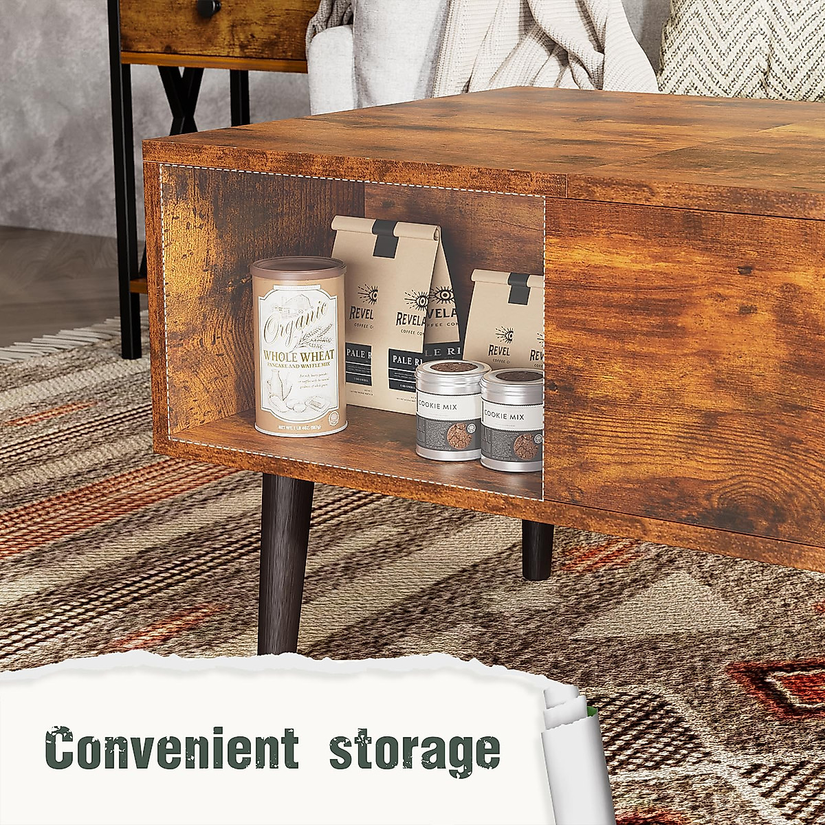 NEWBULIG Coffee Storage Table with Lift Top Panel and Hidden Compartment Wooden Rising Tabletop Snack Organize Shelf for Dinning Center Drawing Room, Brown