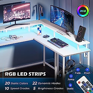 SUPERJARE L Shaped Computer Desk with Power Outlets & LED Lights and Nightstands Set of 2 with Charging Station & LED Light Strips, White