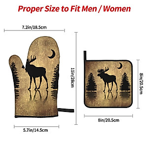 DONMYER Rustic Elk Moose Deer Forest Pine Tree Moon Design Oven Mitts and Pot Holders Sets of 4 Vintage Animal Heat Resistant Gloves Set Potholders for Kitchen Grilling Non-Slip, 7.2x11in+8x8in