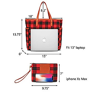 MONOBLANKS Women Buffalo Plaid Check Tote Set with Matching Wristlet,Personalized Top Handle Handbag Working Bag Best Gift for Her (Red Buffalo Plaid)