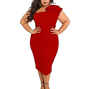 Mokoru Women's Sexy Ruffle One Shoulder Bodycon Elegant Cocktail Party Midi Dresses, Small, Red