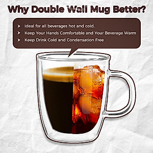 ETERMETA 2 Pack 12 oz Double Walled Glass Coffee Mugs with handle, Thermal Insulted No Condensation Coffee & Tea Cups, Clear Mugs for Americano, Latte, Espresso, Cappuccinos Beverage