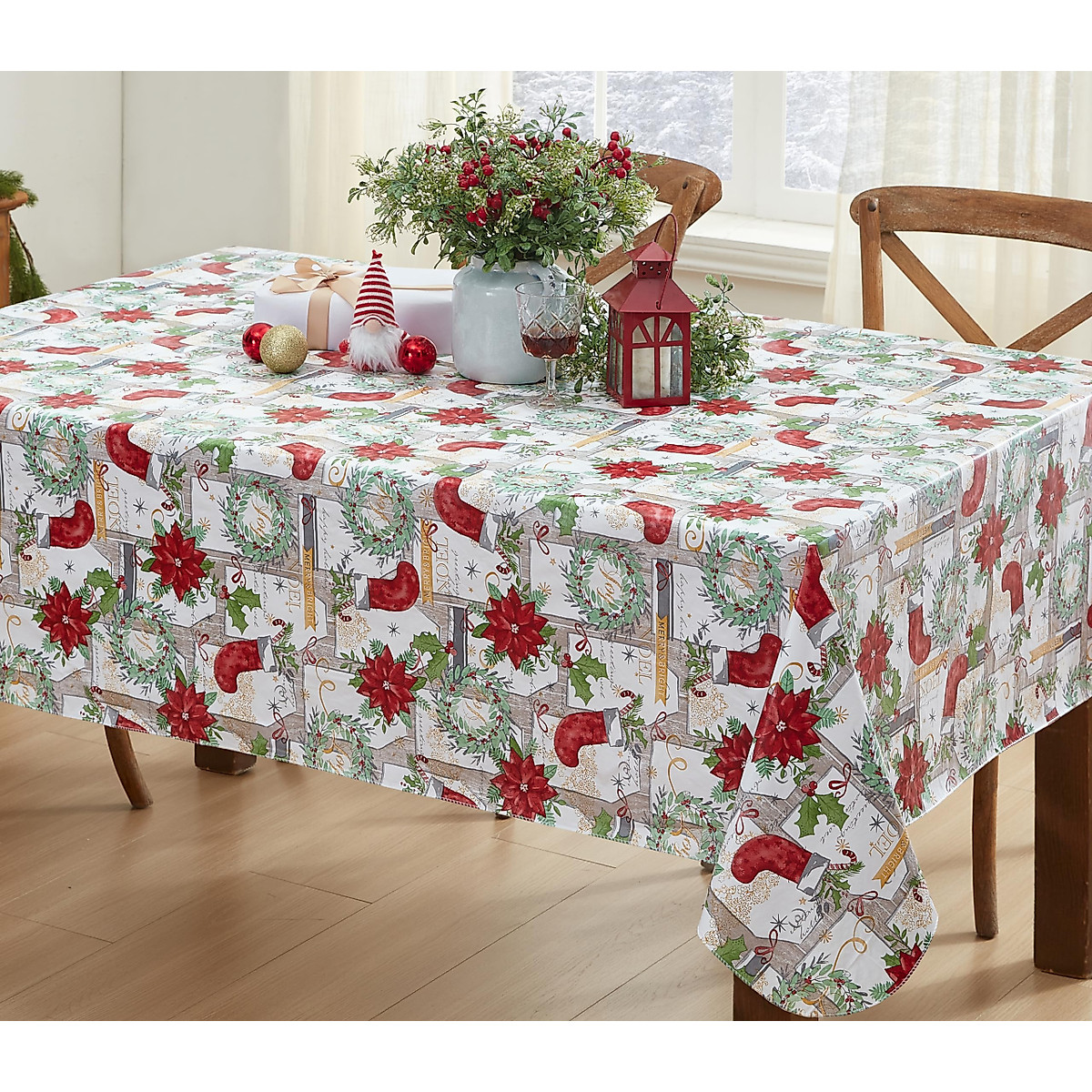 Newbridge Merry Christmas Stocking Holiday Vinyl Flannel Backed Tablecloth - Noel Christmas Wreath, Festive Seasons Greetings Print Wipe Clean Easy Care Xmas Tablecloth, 60” x 102” Oblong/Rectangle