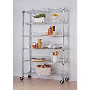 TRINITY EcoStorage Heavy Duty 6-Tier Adjustable Wire Shelving with Wheels and Backstands for Kitchen Organization, Garage Shelving, NSF Certified, 48” W x 18” D x 72-77” H, 800-4800 lb Capacity Chrome
