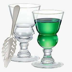 Vintage Crystal Absinthe Glasses | Set of 2 With Spoon | 7 oz Wine Savant - Stemmed Classic With Swiss Bubble Reservoir, Tasting, Nosing & Sipping, Absinthe, Sambuca, Raki, Pastis, Ouzo, Green Fairy