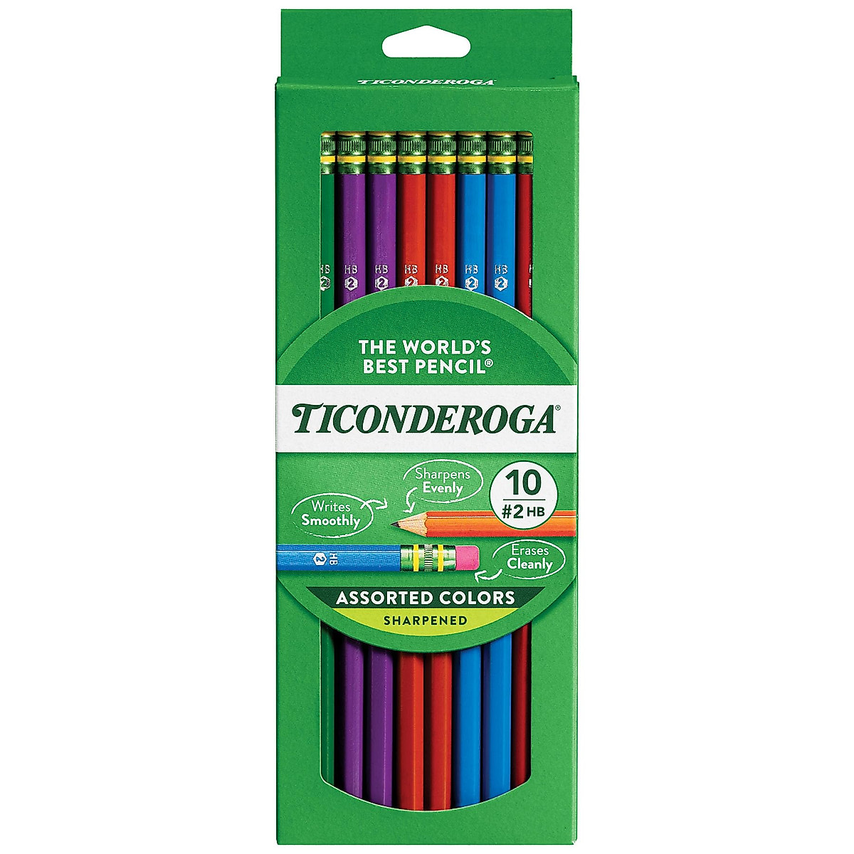 TICONDEROGA Pencils, Wood-Cased Graphite, #2 HB Soft, Pre-Sharpened, Assorted Color Barrels, Black Lead, 10-Pack (13932)
