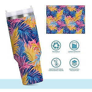 Slewiaeky Tumbler with Handle 40 oz Palm Leaf Plant Cute Travel Mug with Lid and Straw Blue Stainless Steel Vacuum Insulated Water Bottle Cup for Iced Tea Coffee Cold Beverages Cup Holder Friendly