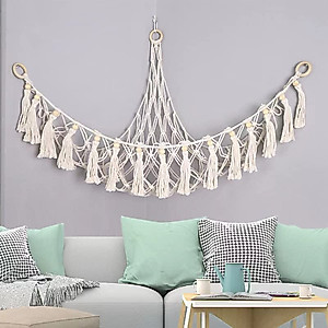 Stuffed Animal Hammock Macrame - Toy Hammock for Stuffed Animals - Stuff Animal Organizer Corner Storage Hanging Fringe - Stuffed Animal Display Holder Net Tassels for Nursery Décor, White (TH-003)