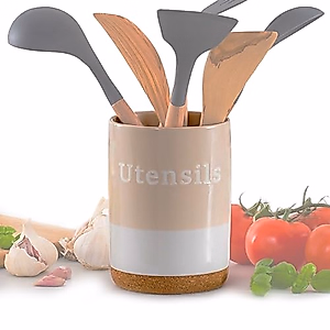 The Refined Glaze Farmhouse Utensil Holder for Countertop - Ceramic Farmhouse Utensil Holder (7in x 5in) - Large Elegant Kitchen Storage Organizer for Spatulas and Spoons (Beige and White)